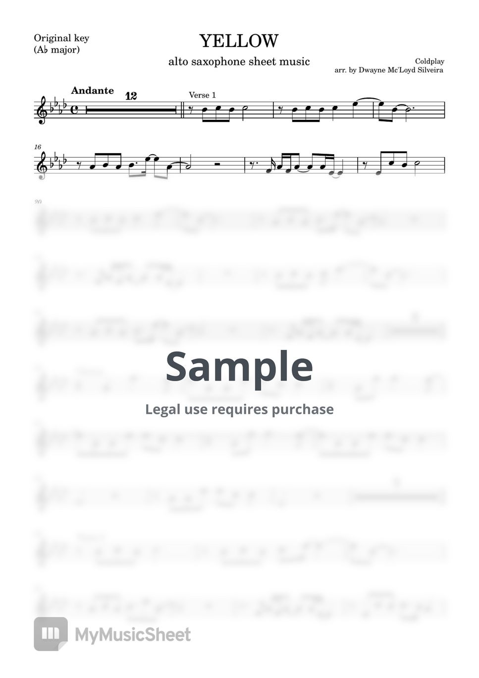 Coldplay - Yellow (original key) Sheet Music by Dwayne Mc'Loyd Silveira