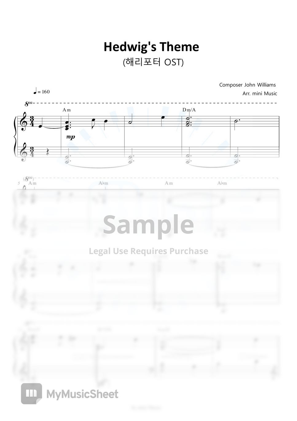 Harry Potter OST - Hedwig's Theme (해리포터 OST) (Am Key, Easy) 악보 by mini Music