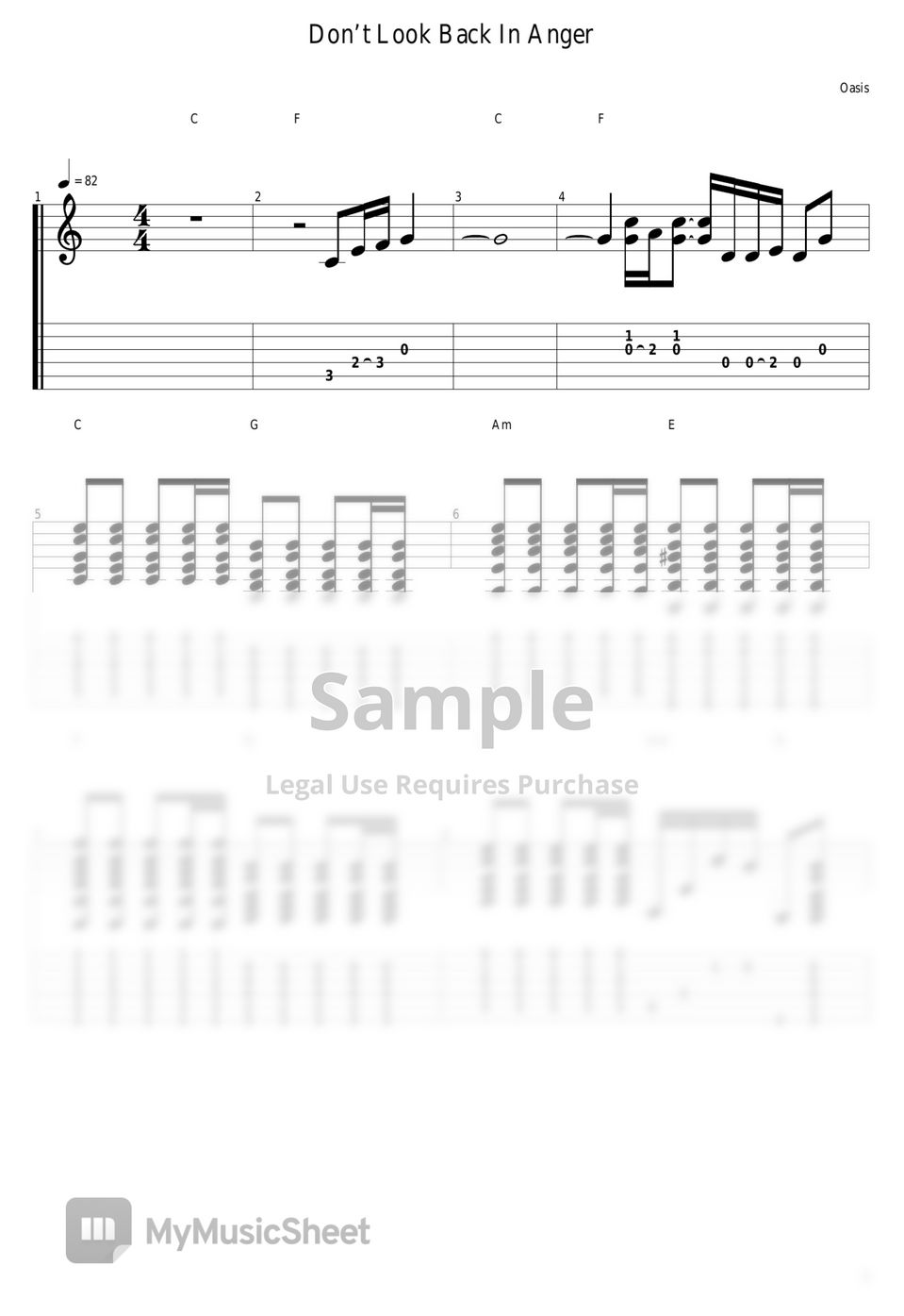 Oasis - Don’t Look Back In Anger 타브+단선 악보 by guitar cover with tab