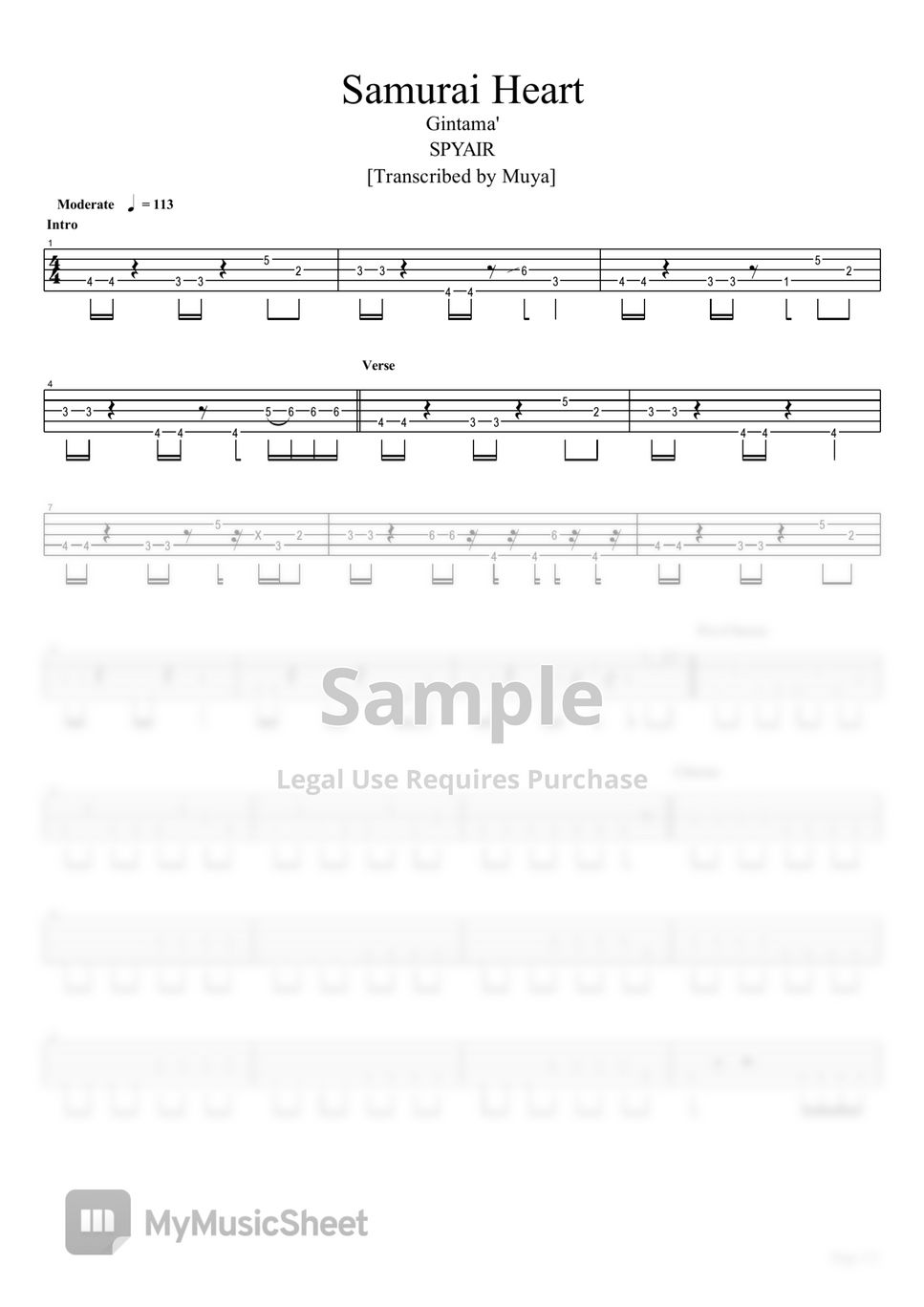 SPYAIR - Samurai Heart (Bass TAB) Sheets by Muya