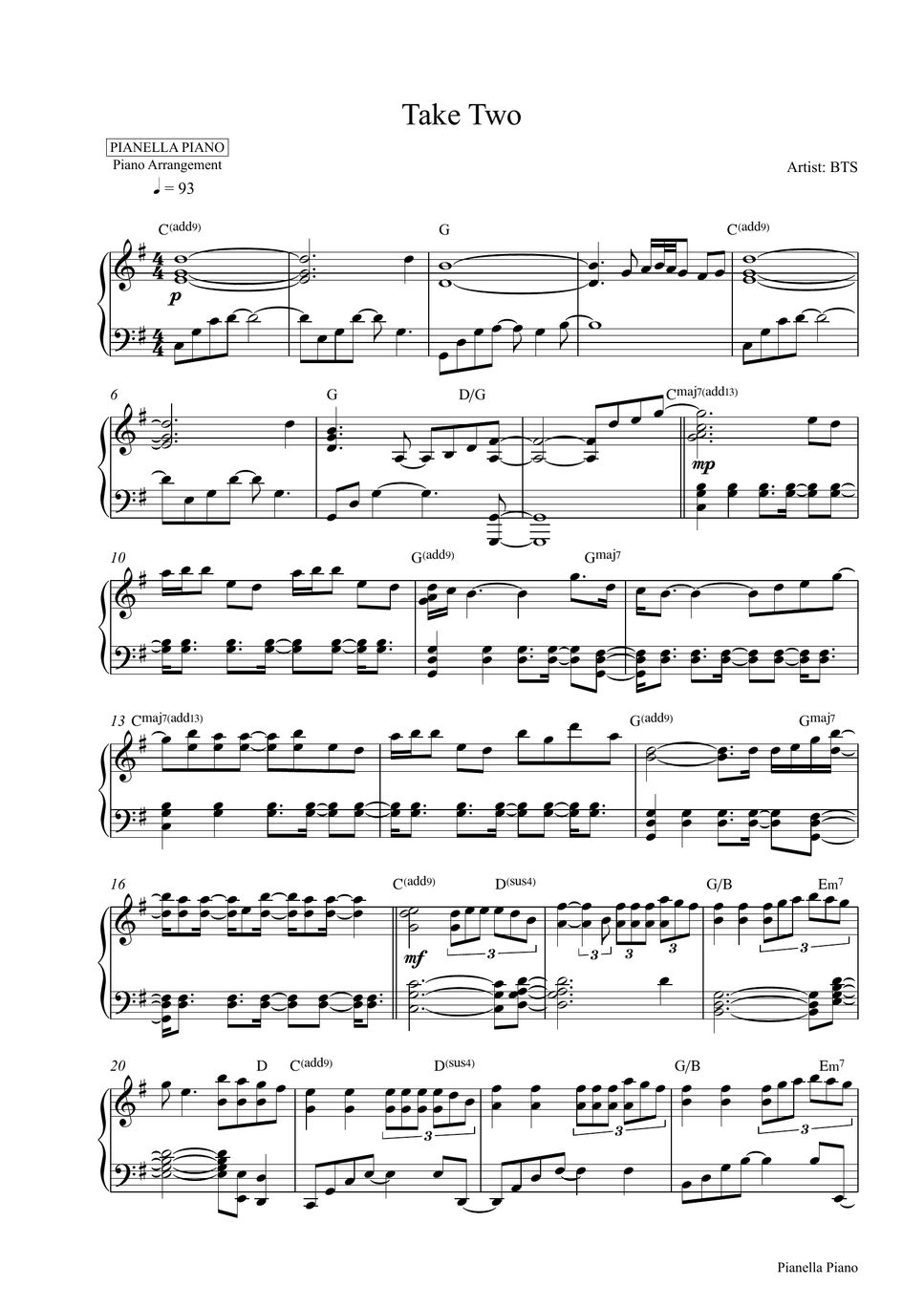 BTS - Take Two (Piano Sheet) Sheets by Pianella Piano