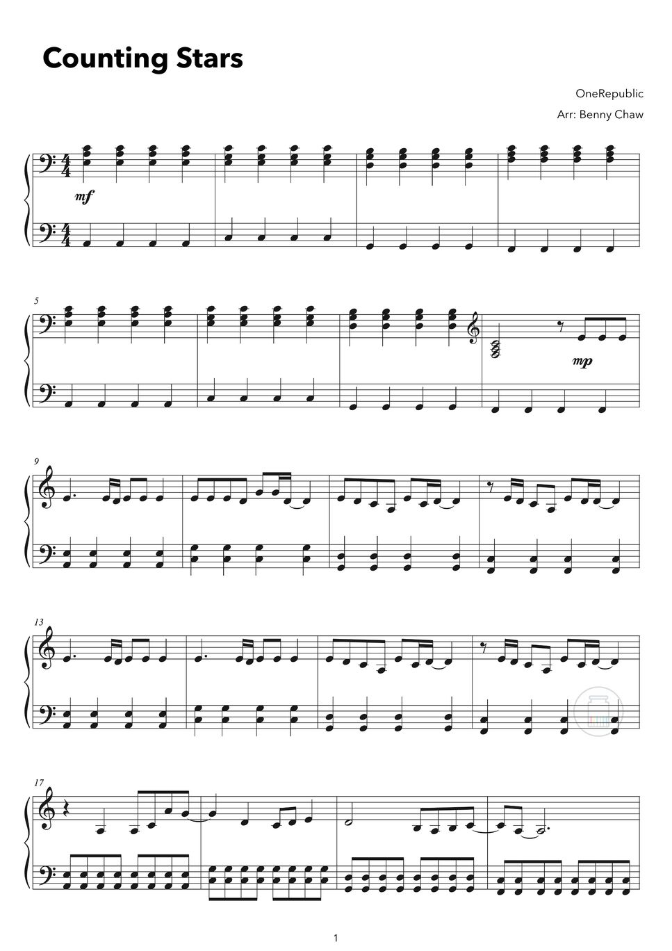 OneRepublic - Counting Stars Notenblatt by Benny Chaw