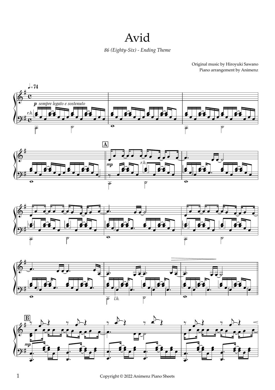 Hiroyuki Sawano - Avid (86 / Eighty-Six ED) Sheet by Animenz