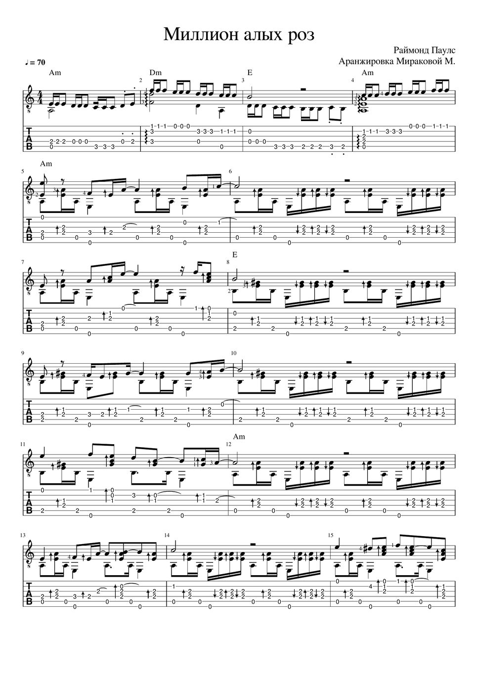 Alla Pugacheva - Million Scarlet Roses Tab + Partition à une seule ...