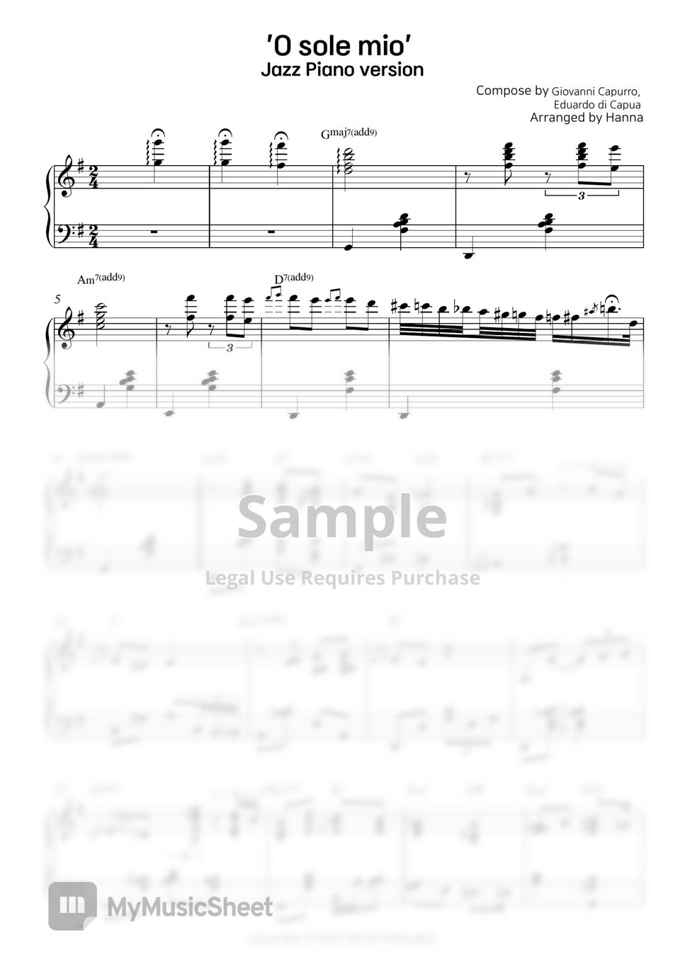 Giovanni Capurro, Eduardo di Capua - O sole mio (Jazz Piano verison Transcribtion Sheet) نوتة by ...