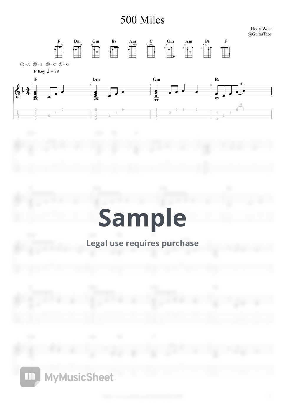 Hedy West - 500 Miles (오선+타브+코드(Staff+TAB+Chords)) TAB+1 pauta by 624 TABs