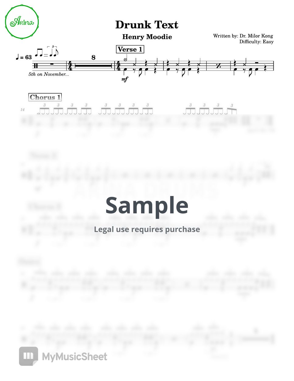 Henry Moodie - Drunk Text (Drum Cover) Sheet Music by Dr. Milor Kong