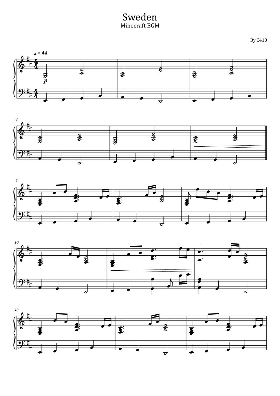 Minecraft - Sweden (Minecraft BGM - For Easy Piano) Partition musicale ...