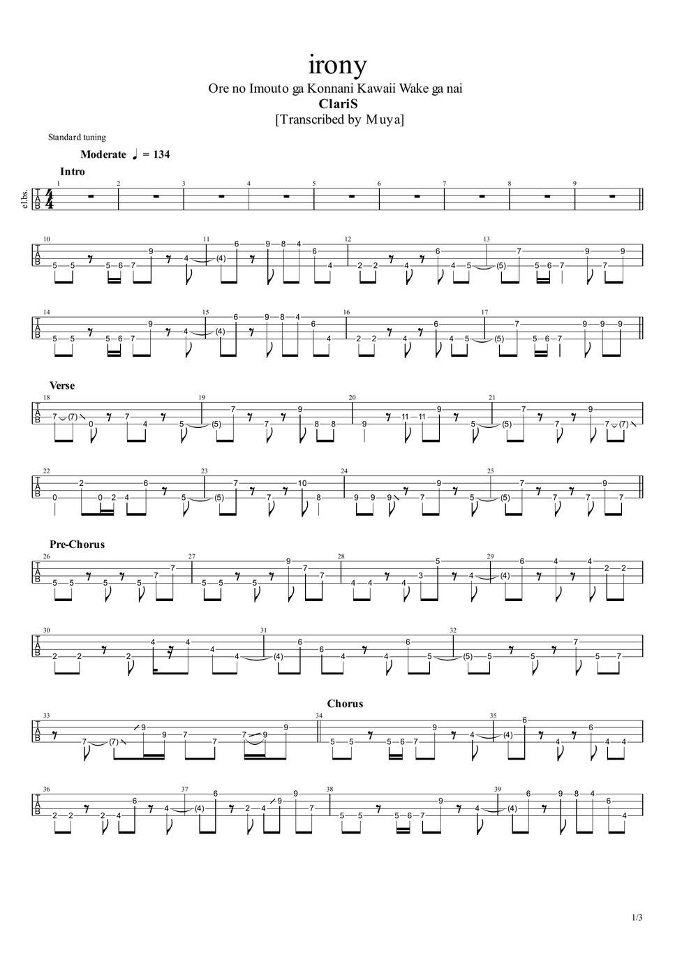 ClariS - irony (Bass TAB) Sheets by Muya