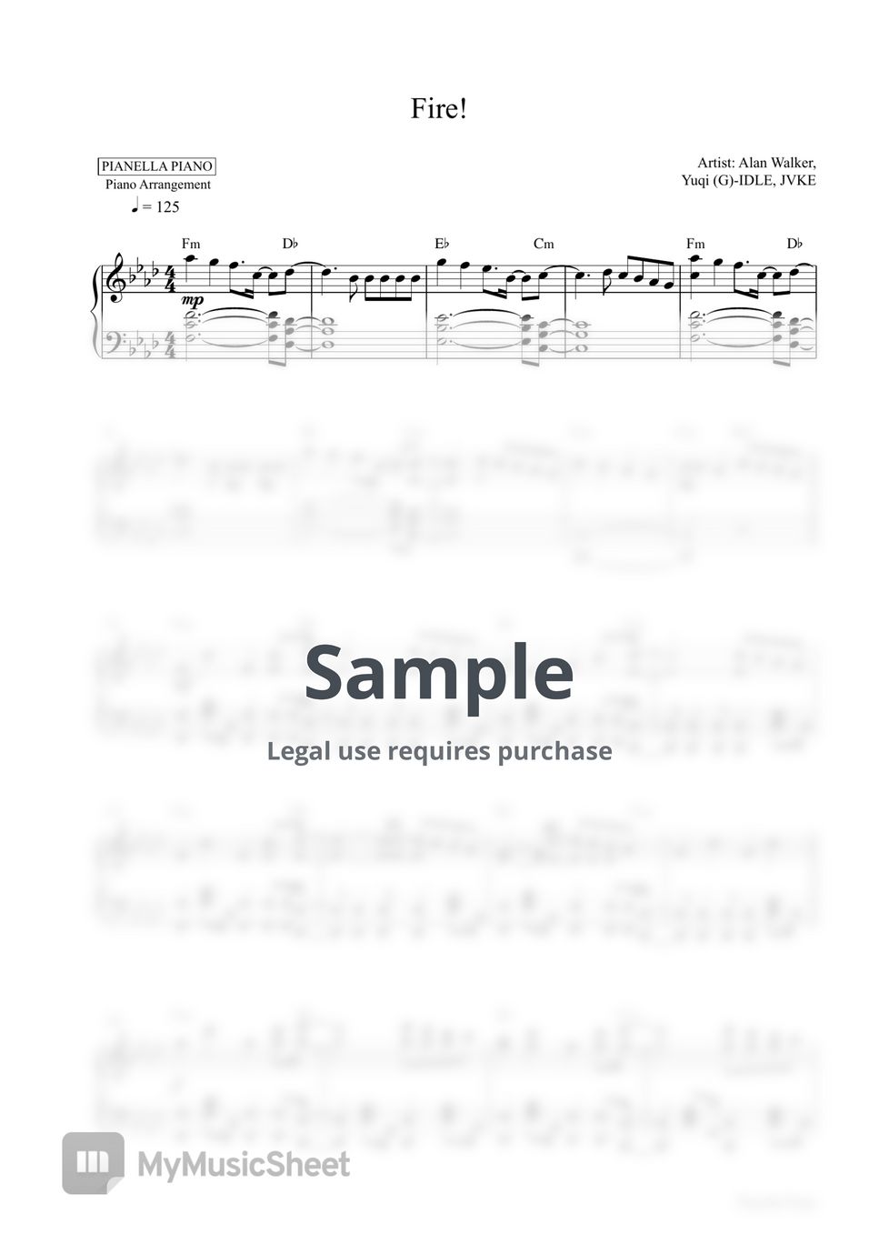 Alan Walker, YUQI, JVKE - Fire! (Piano Sheet) 樂譜 by Pianella Piano