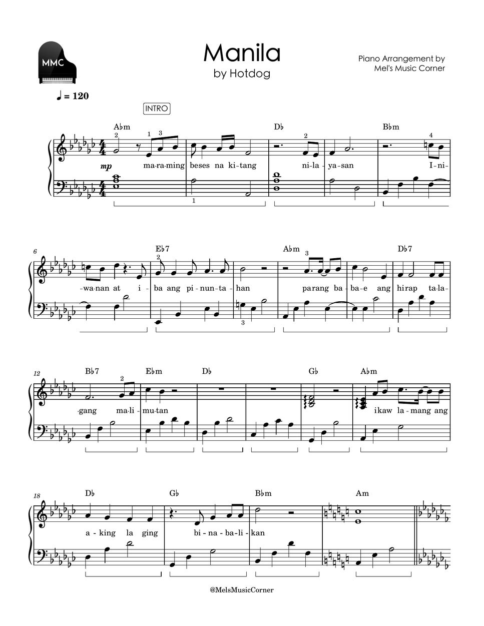 Hotdog - Manila (piano sheet music) PDF | Mel's Music Corner | mymusic5