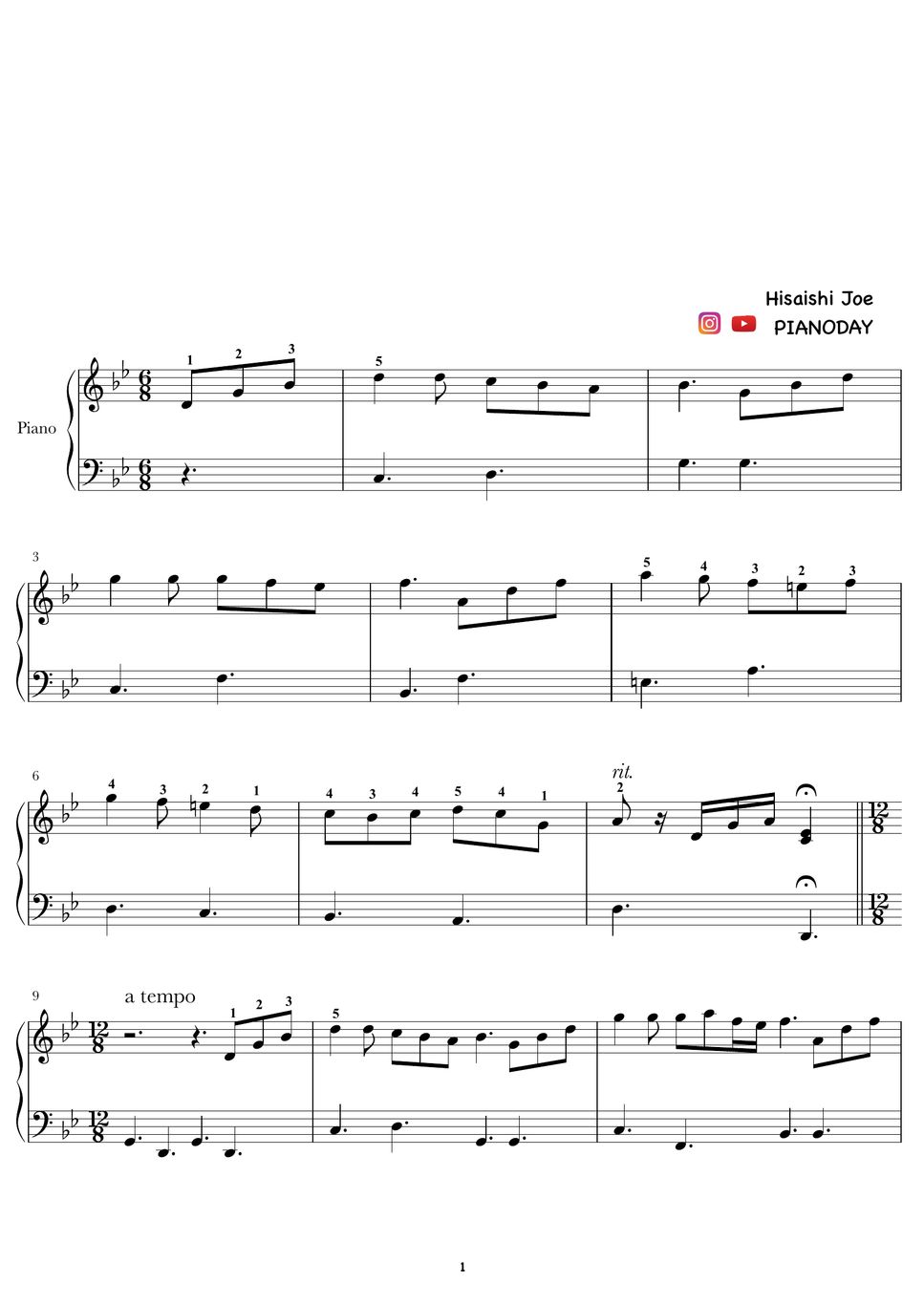 히사이시 조 인생의 회전목마 쉬운 버전 Sheet By Pianoday피아노데이
