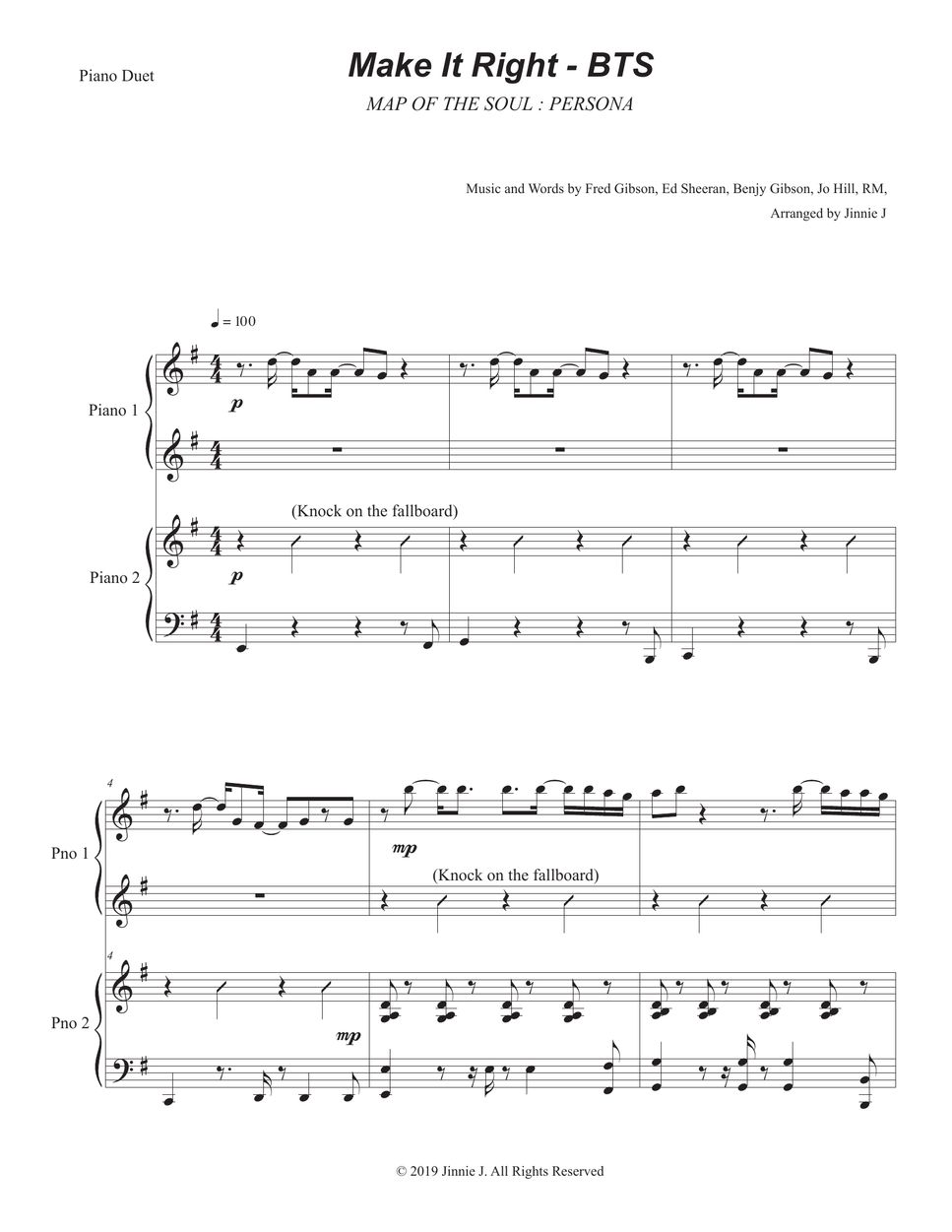BTS - Make It Right For Piano Duet (4 Hands) Sheet by Jinnie J