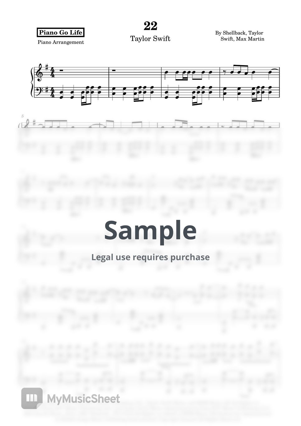Taylor Swift 22 Sheets By Piano Go Life