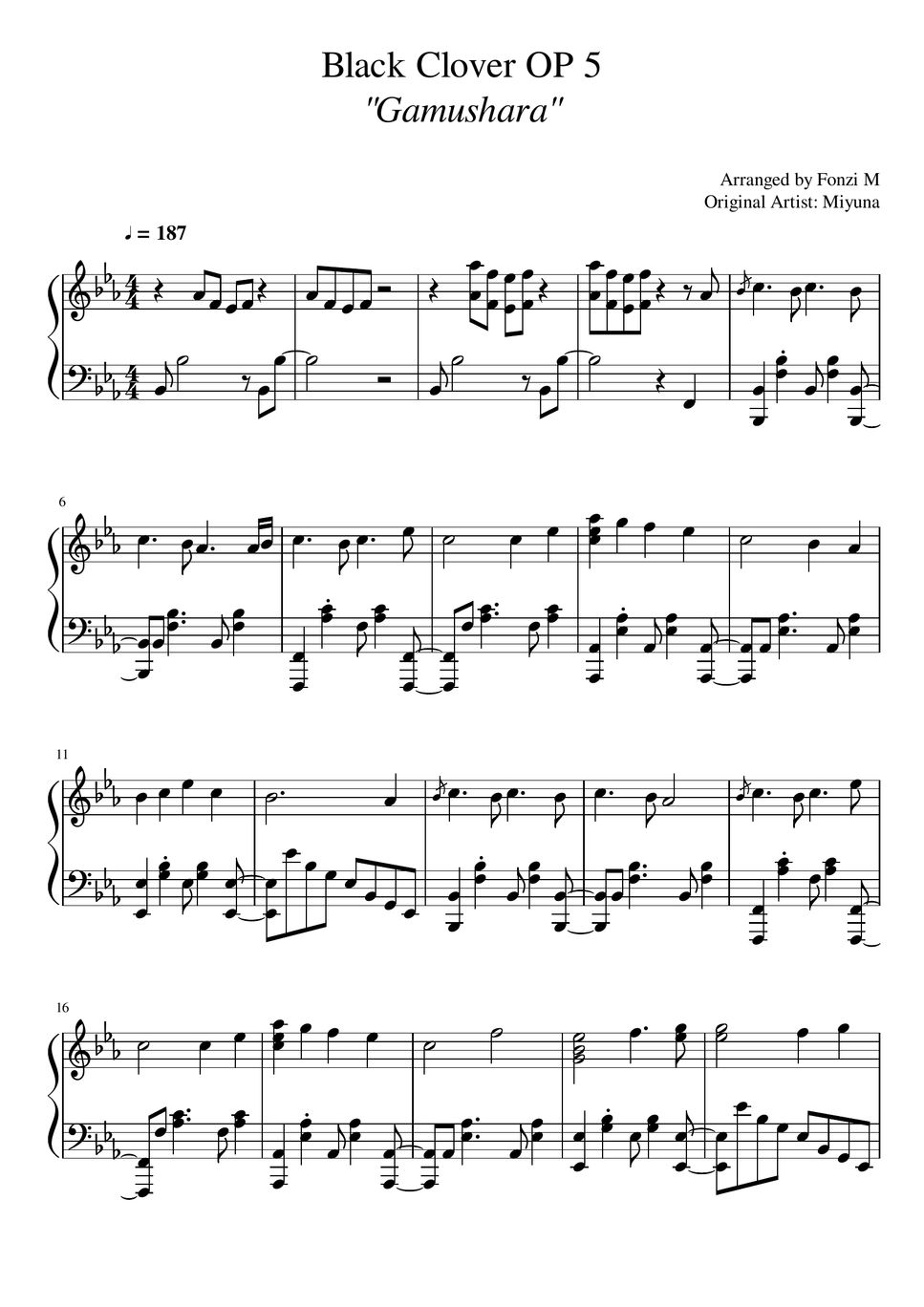 Miyuna - Black Clover OP 5 - "Gamushara" Partition musicale by Fonzi M