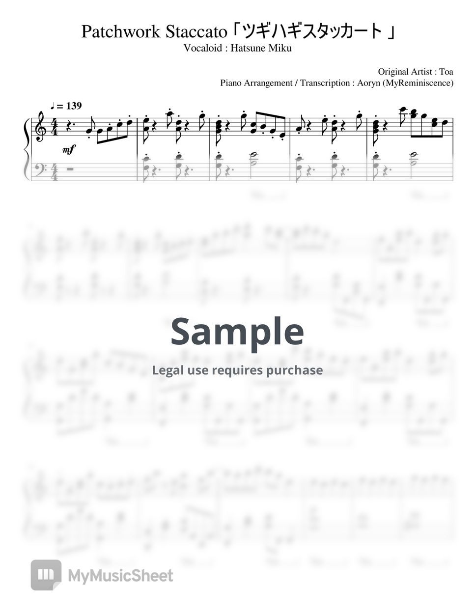 Toa - Patchwork Staccato (Vocaloid : Hatsune Miku) Sheets by Aoryn ...