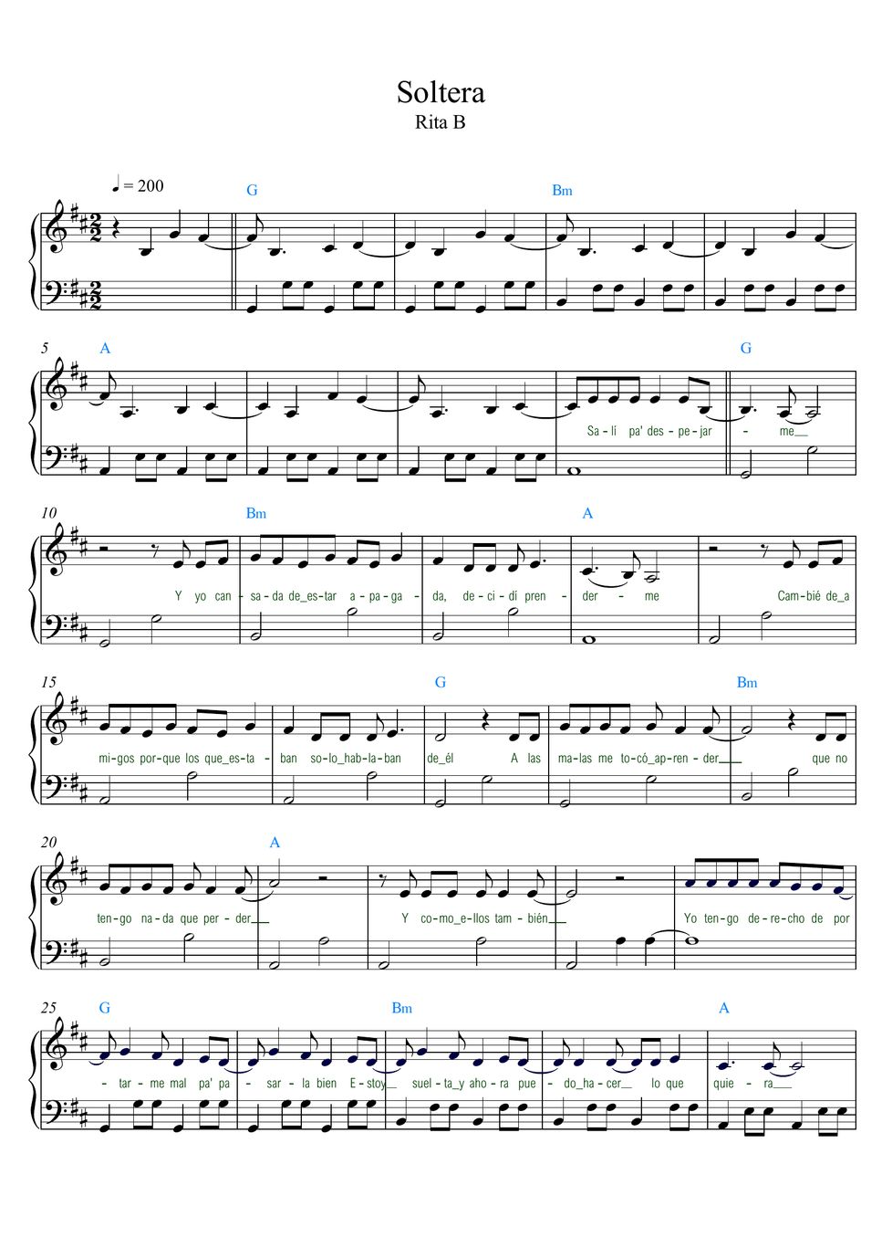 Shakira - Soltera (con letras y acordes) Piano Sheet Music PDF | Rita B ...