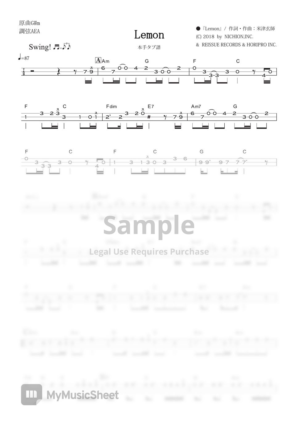 Yonezu Kenshi - Lemon(Tsugaru syamisen 1st Tab) Sheets by Ayuzawa Kazuhiko
