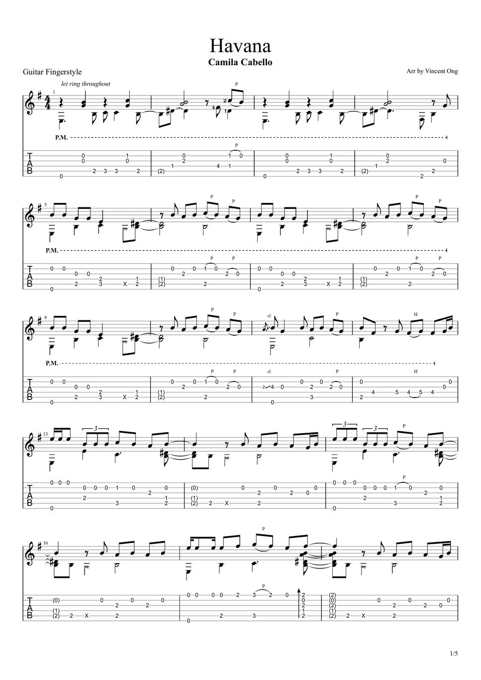 Camila Cabello - Havana-Guitar Fingertyle Sheet by Vincent Ong