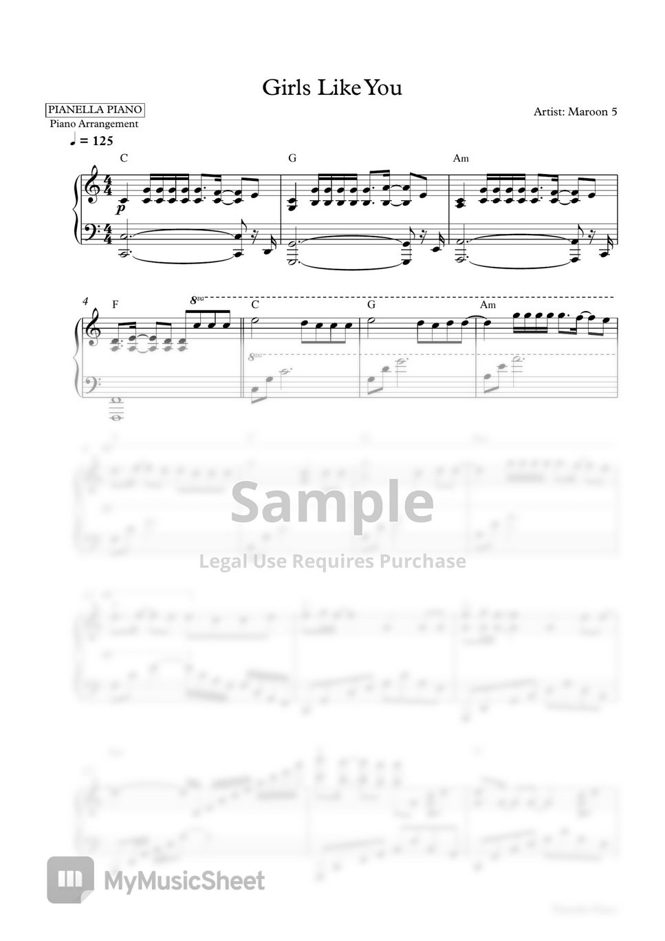 Maroon 5 ft. Cardi B - Girls Like You (Piano Sheet) Sheet Music by ...