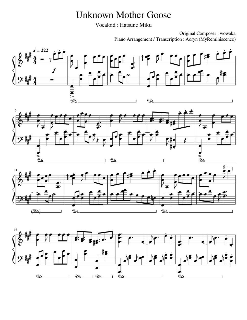 wowaka - Unknown Mother Goose (Vocaloid : Hatsune Miku) Sheets by Aoryn ...