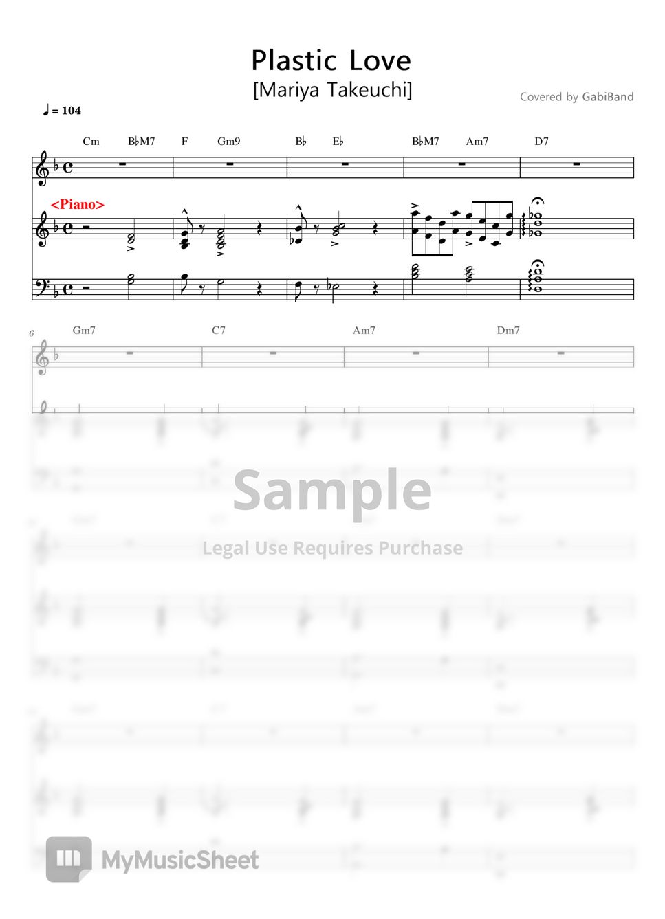 Mariya Takeuchi - Plastic Love (피아노) Sheet Music by Gabi Band