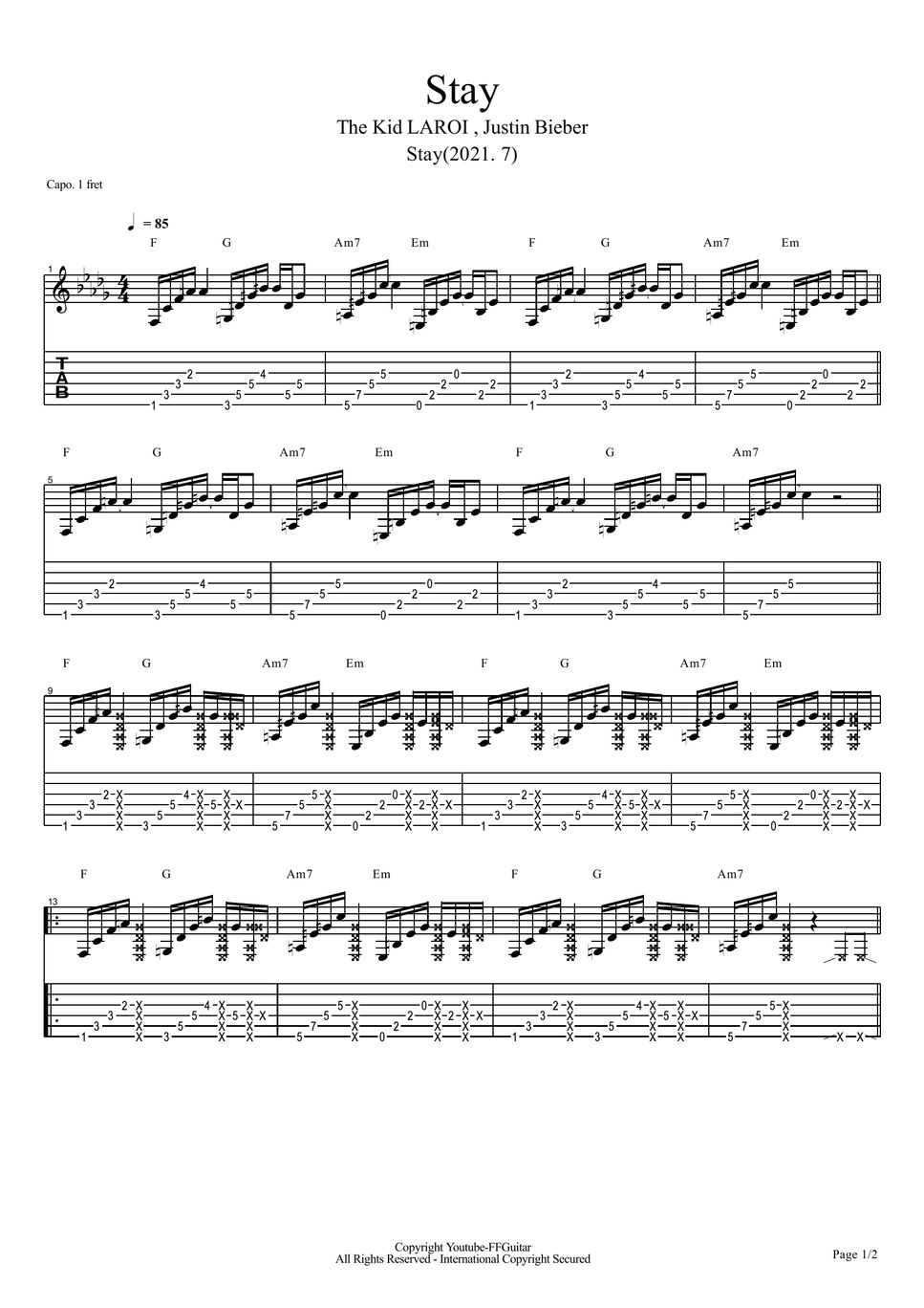 The Kid LAROI , Justin Bieber - Stay Guitar Cover 악보 by FFGuitar