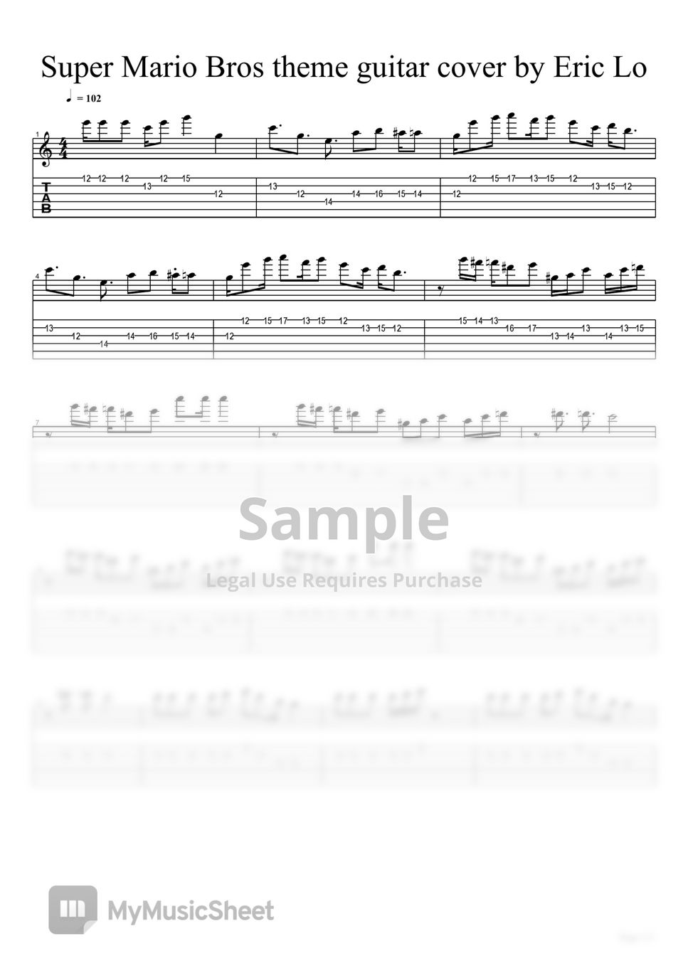 Super Mario Bros - theme guitar guitar cover TAB+1 Staff by Eric Lo