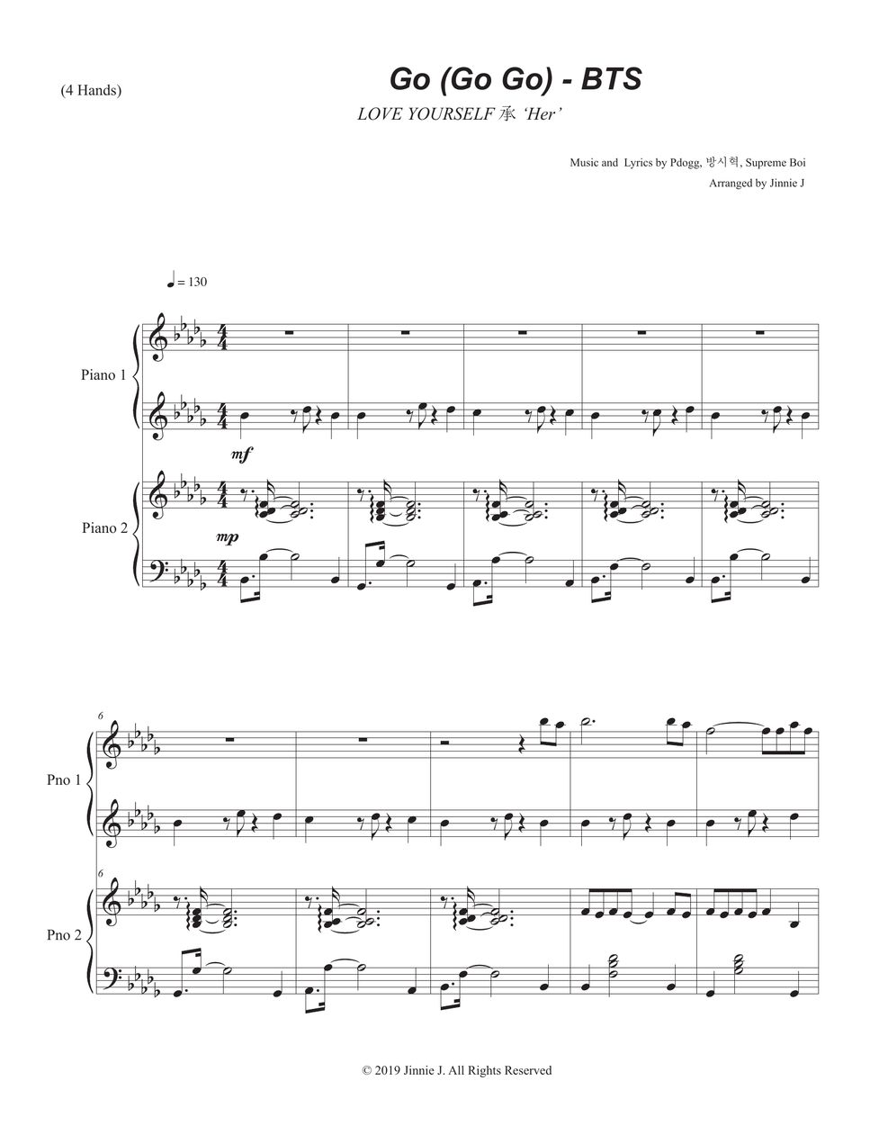 BTS (방탄소년단) - Go Go (고민보다 Go) for Piano Duet (4 Hands) Sheets by Jinnie J