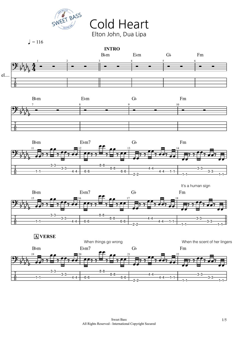 Elton John, Dua Lipa - Cold Heart (Bass) TAB by Sweet Bass