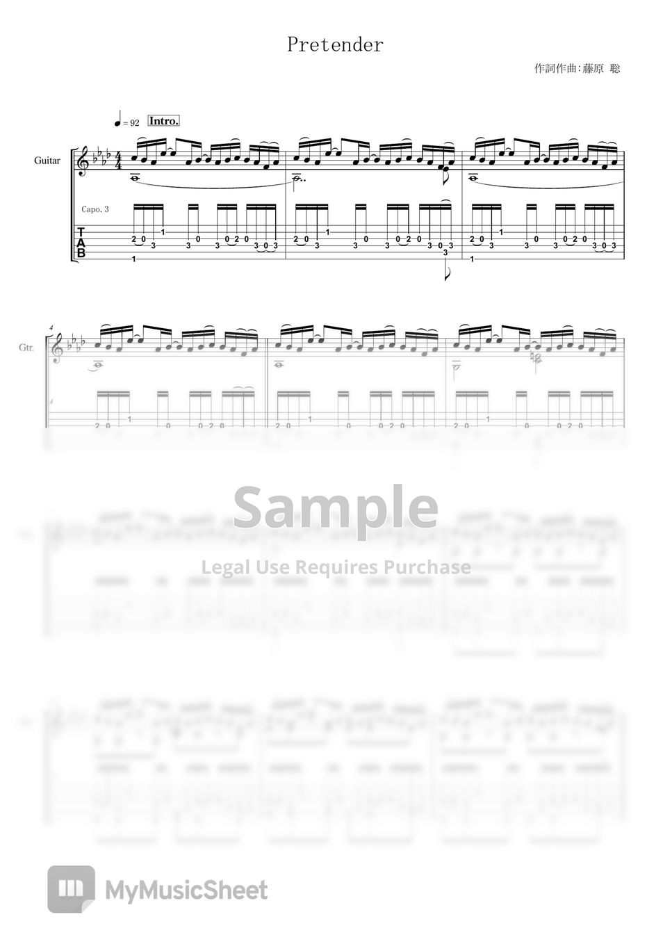 Official髭男dism - 【ソロギターTAB譜】Pretender (Official髭男dism) Sheet Music by shindome