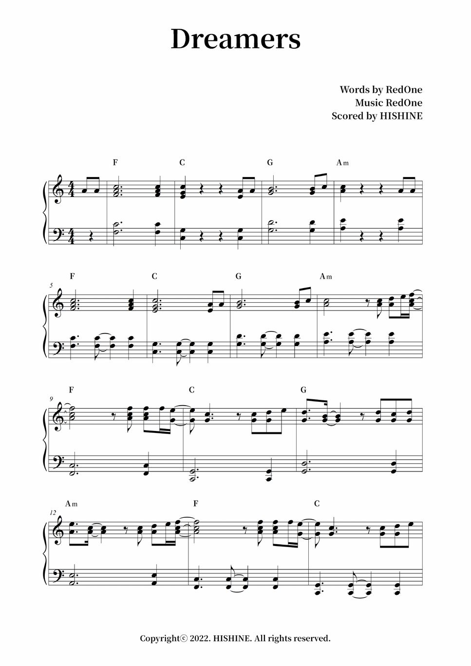 JungKook - Dreamers (with Simple ver.) Sheets by HISHINE