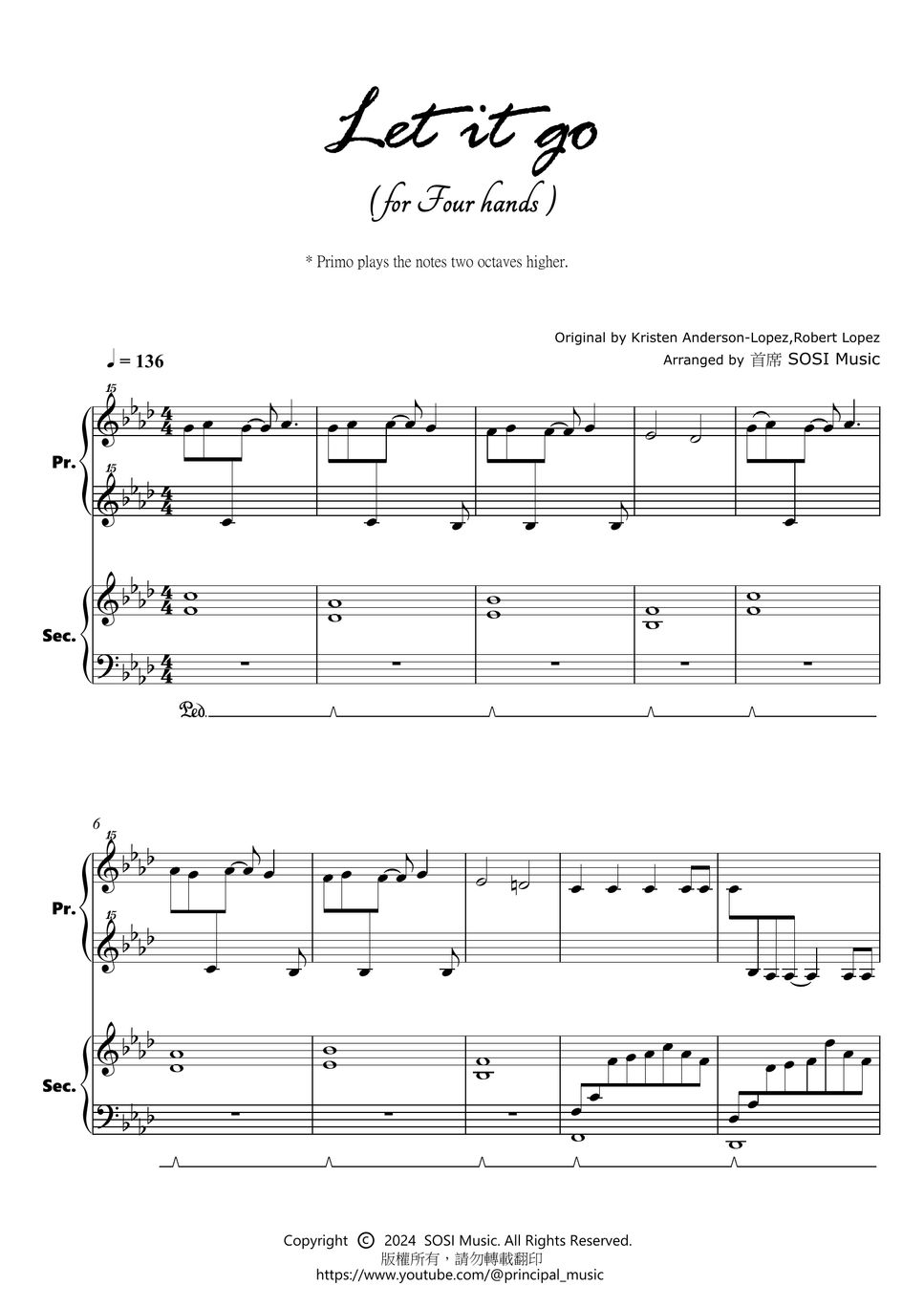 Let it go (Four Hands Piano / Primo for Student / Secondo for Teacher ...