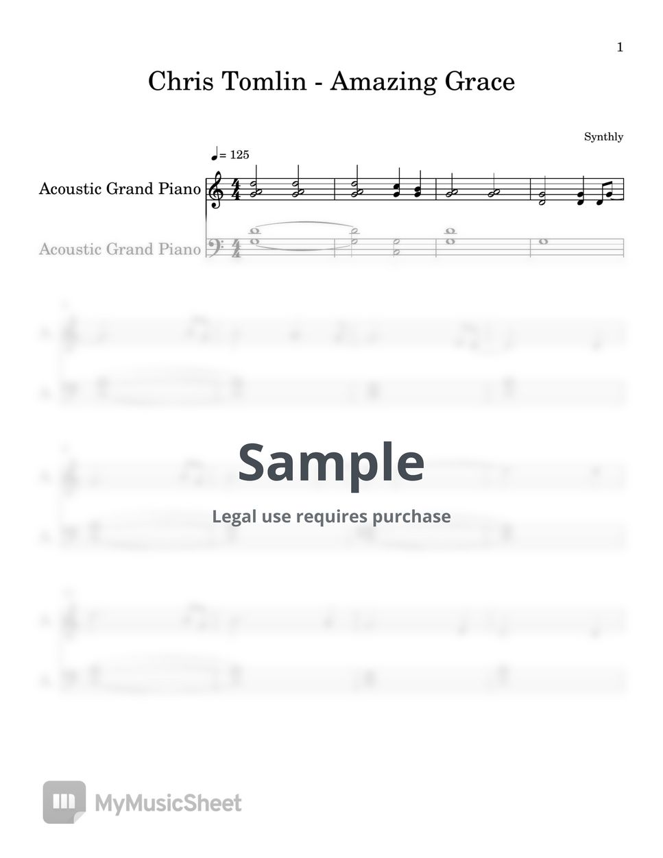 Chris Tomlin - Amazing Grace (EASY PIANO SHEET) Sheet Music by Synthly