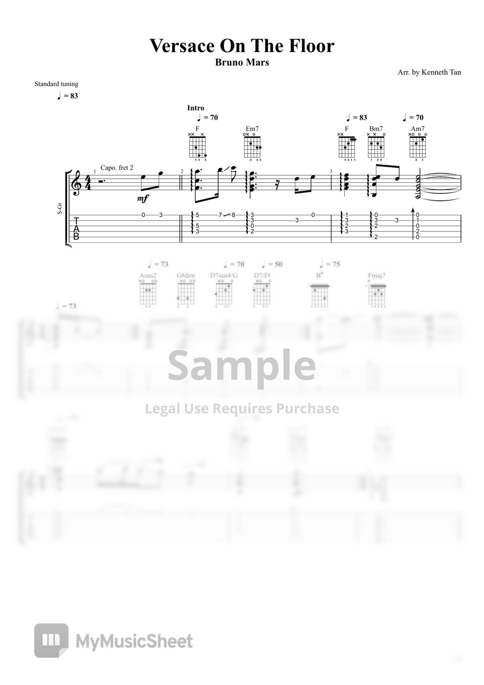 Bruno Mars | Fingerstyle Guitar - Versace On The Floor Sheet Music by ...