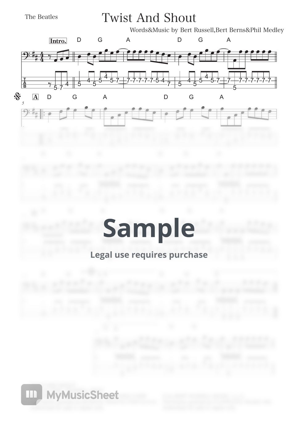 The Beatles - Twist And Shout (ベース譜/TAB譜あり) Sheets by きどりん