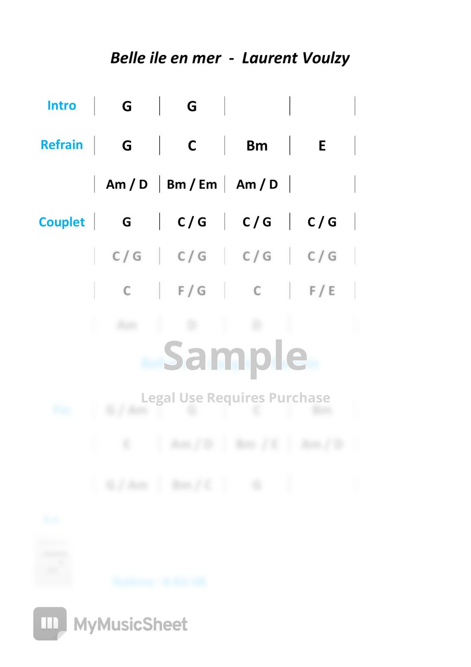 Laurent voulzy - Belle ile en mer Sheet Music by guitare