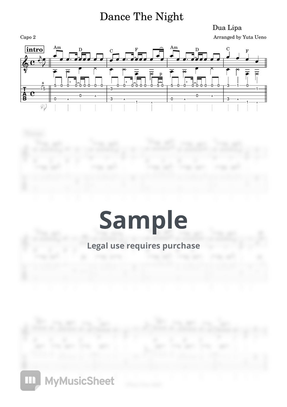 Dua Lipa - Dance The Night (Fingerstyle) Tab + 1staff by Yuta Ueno