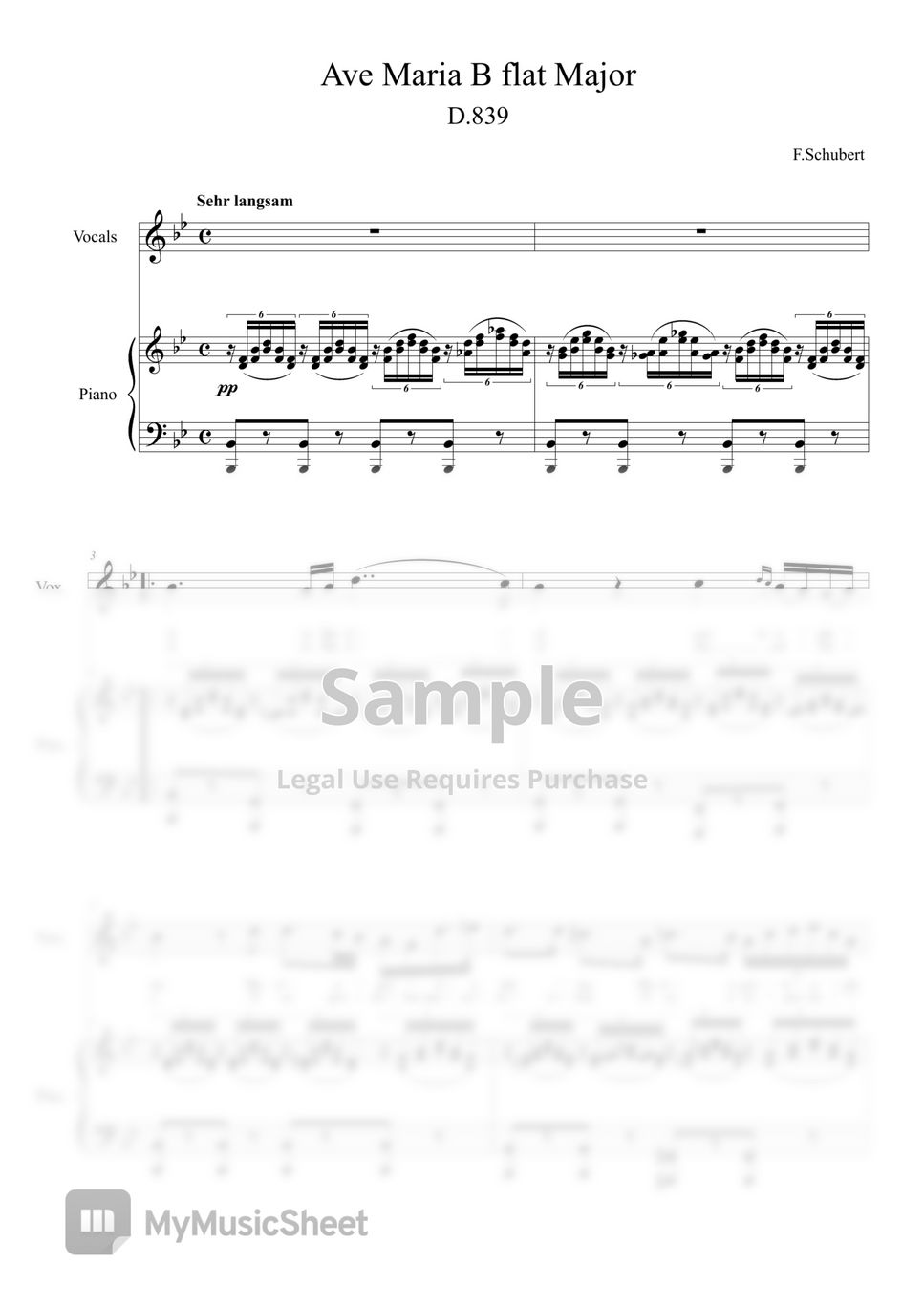 슈베르트(F.Schubert) - Ave Maria D 839 B flat Major (Piano&Lyrics) 악보