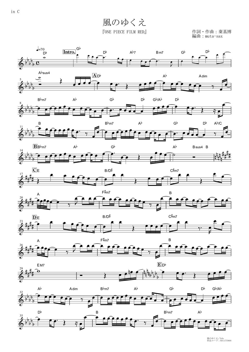 Ado - Where the Wind Blows (One Piece Film: Red / in C) 악보 by muta-sax