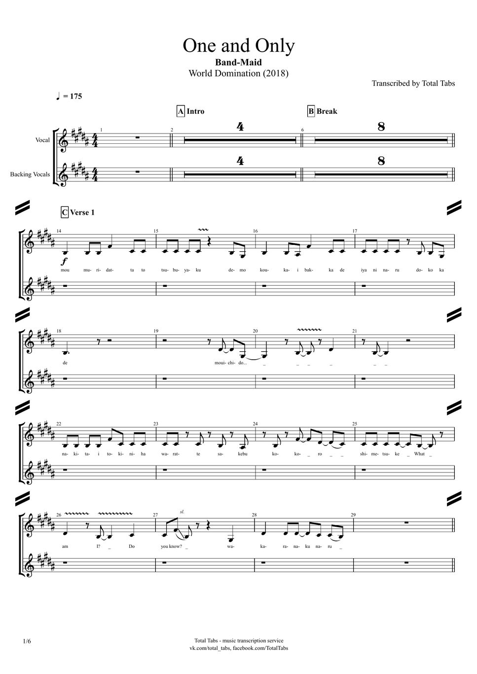 Band-Maid - One and Only (Vocals) نوتة