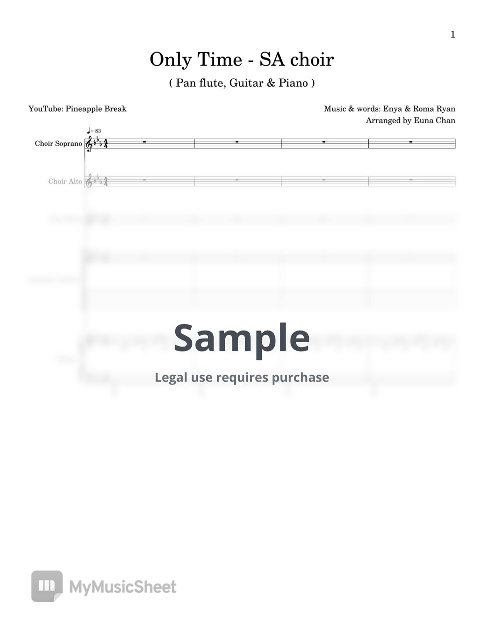 Enya - Only Time - SA choir, guitar and piano. Flute optional. 악보 by Euna Chan