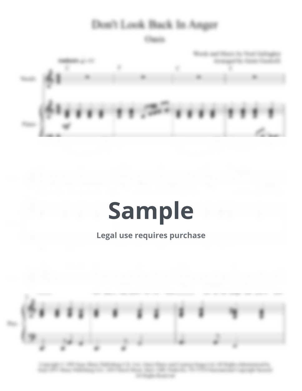 Oasis - Don't Look Back In Anger (Piano & Vocal) Sheet Music by Genti ...