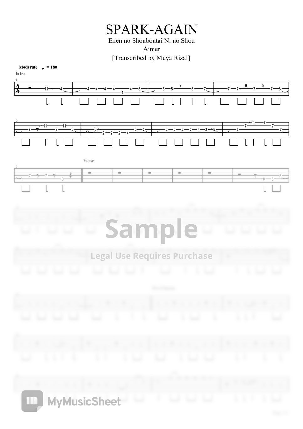 Aimer - SPARK AGAIN (Bass TAB) 악보 by Muya
