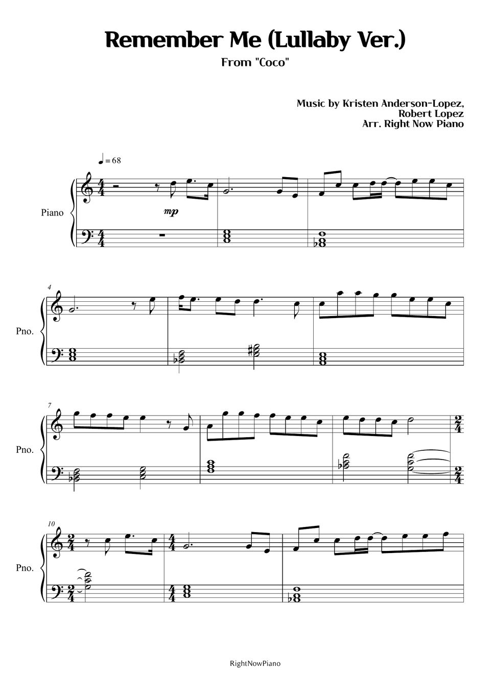 Coco - Remember Me (Lullaby Ver.) Sheet by Right Now Piano