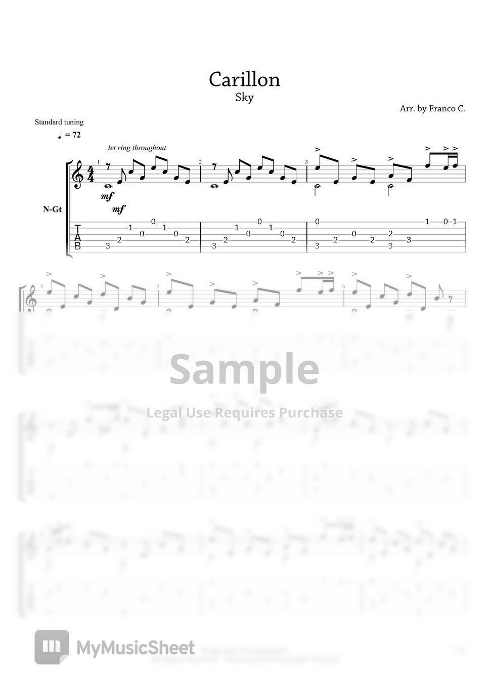 Sky - Carillon (Guitar solo) Tab + 단선 악보 by Franco C
