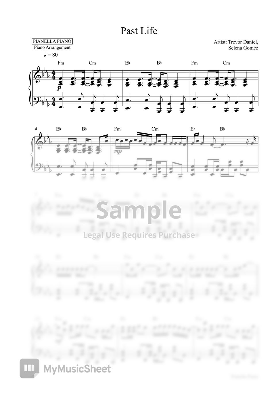 Trevor Daniel, Selena Gomez - Past Life (Piano Sheet) 악보 by Pianella Piano
