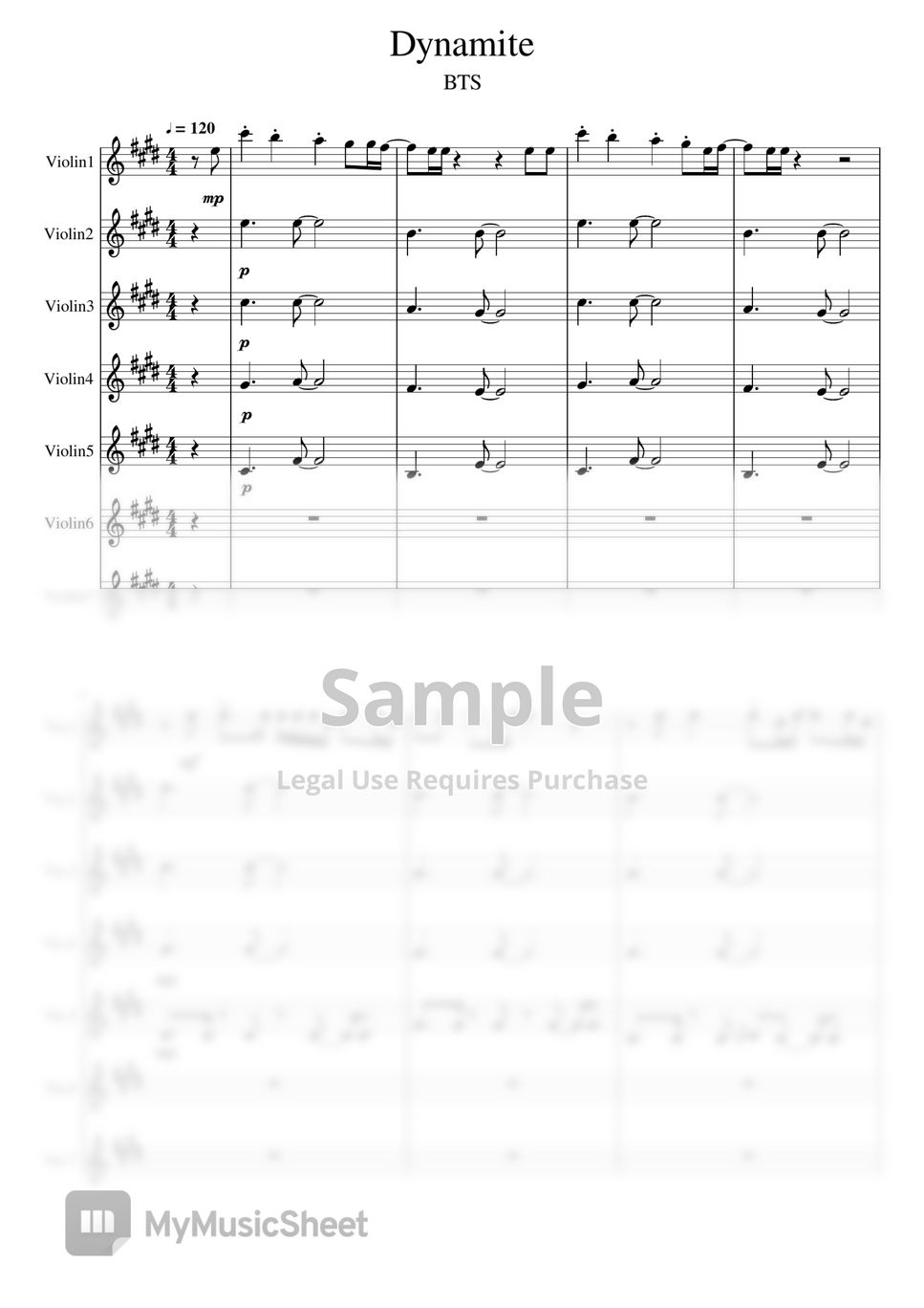 BTS - Dynamite (For 7 Violins) 악보 by F.(Sheet Music for Violin Esemble)