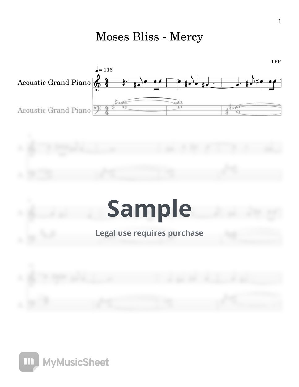 Moses Bliss - Mercy (PIANO SHEET) Sheet Music by TPP