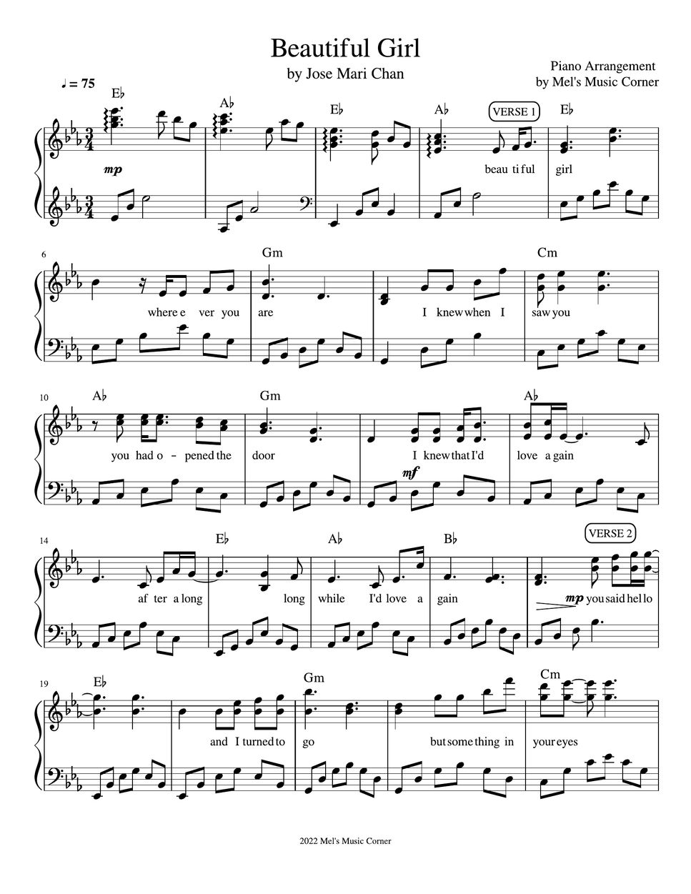 Jose Mari Chan - Beautiful Girl (piano sheet music) 악보 by Mel's Music ...